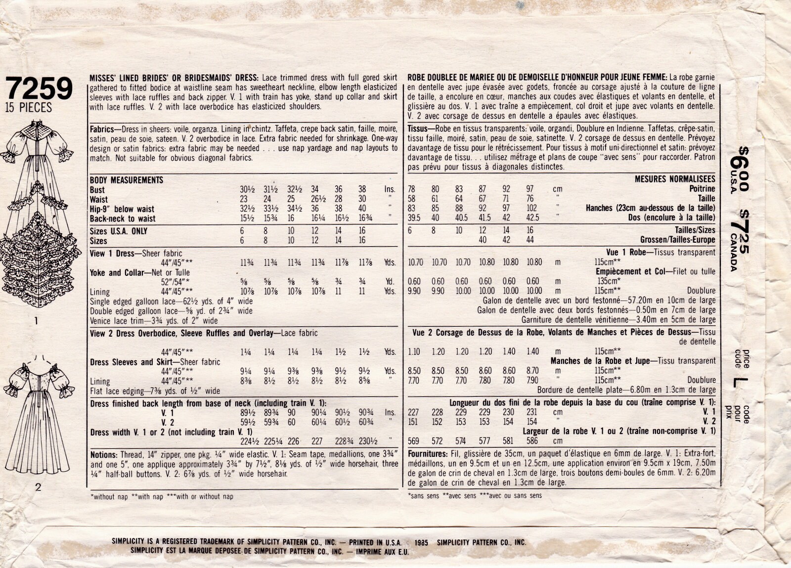 Simplicity 7259 Vintage Sewing Pattern, Misses' Brides or Bridesmaids ...