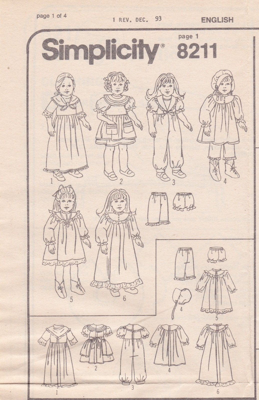 Simplicity 8211 Crafts Pattern, Wardrobe for 18 Doll Dresses, Rompers ...