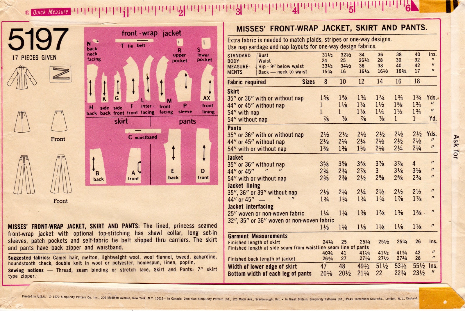 Simplicity 5197 Vintage Sewing Pattern, Misses' Wardrobe Front-wrap ...