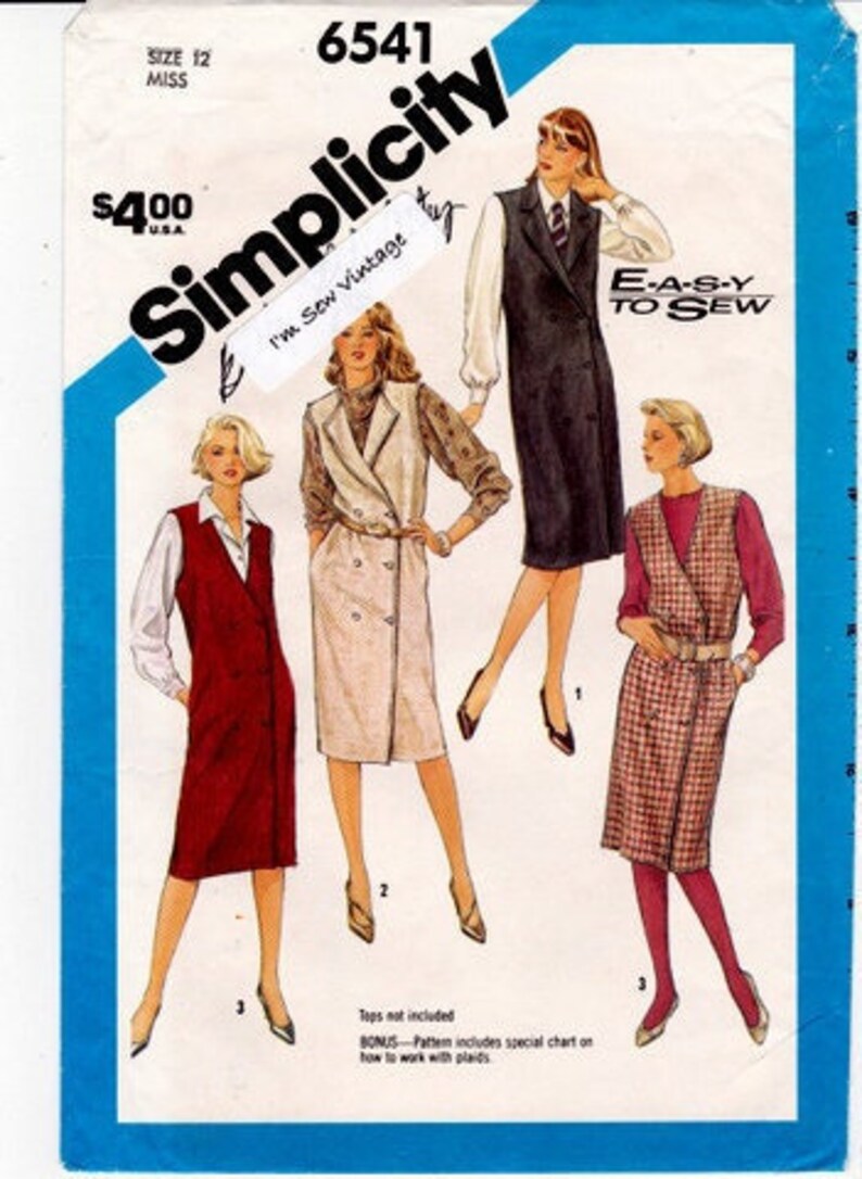 Simplicity 6541 Vintage Sewing Pattern, Misses' Jumper, Loose Fitting ...