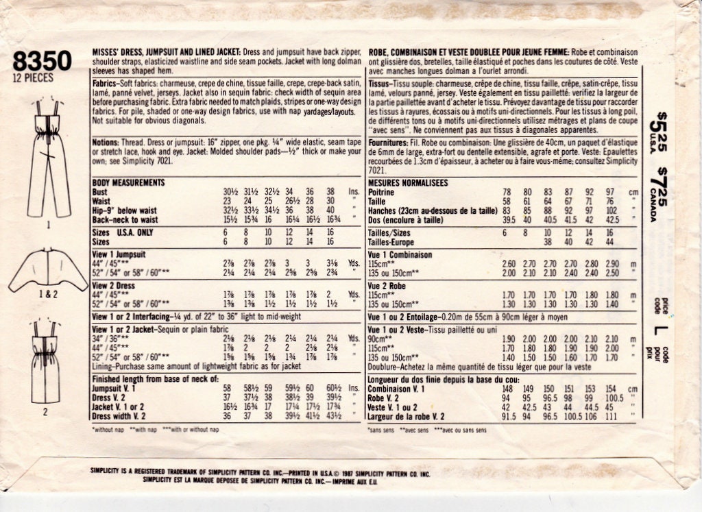 Simplicity 8350 Vintage Sewing Pattern, Misses' Dress, Jumpsuit & Lined Jacket, Jiffy Sewing ...