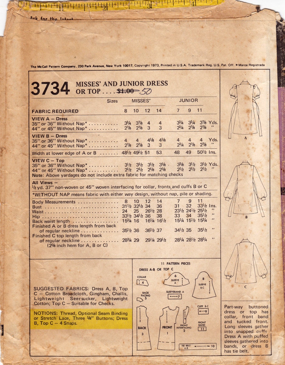 Mccall's 3734 Vintage Sewing Pattern Junior/teen Dress or - Etsy