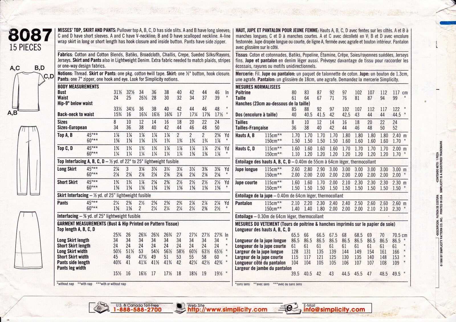 Simplicity 8087 Vintage Sewing Pattern, Misses' Top, Skirt & Pants '2 ...