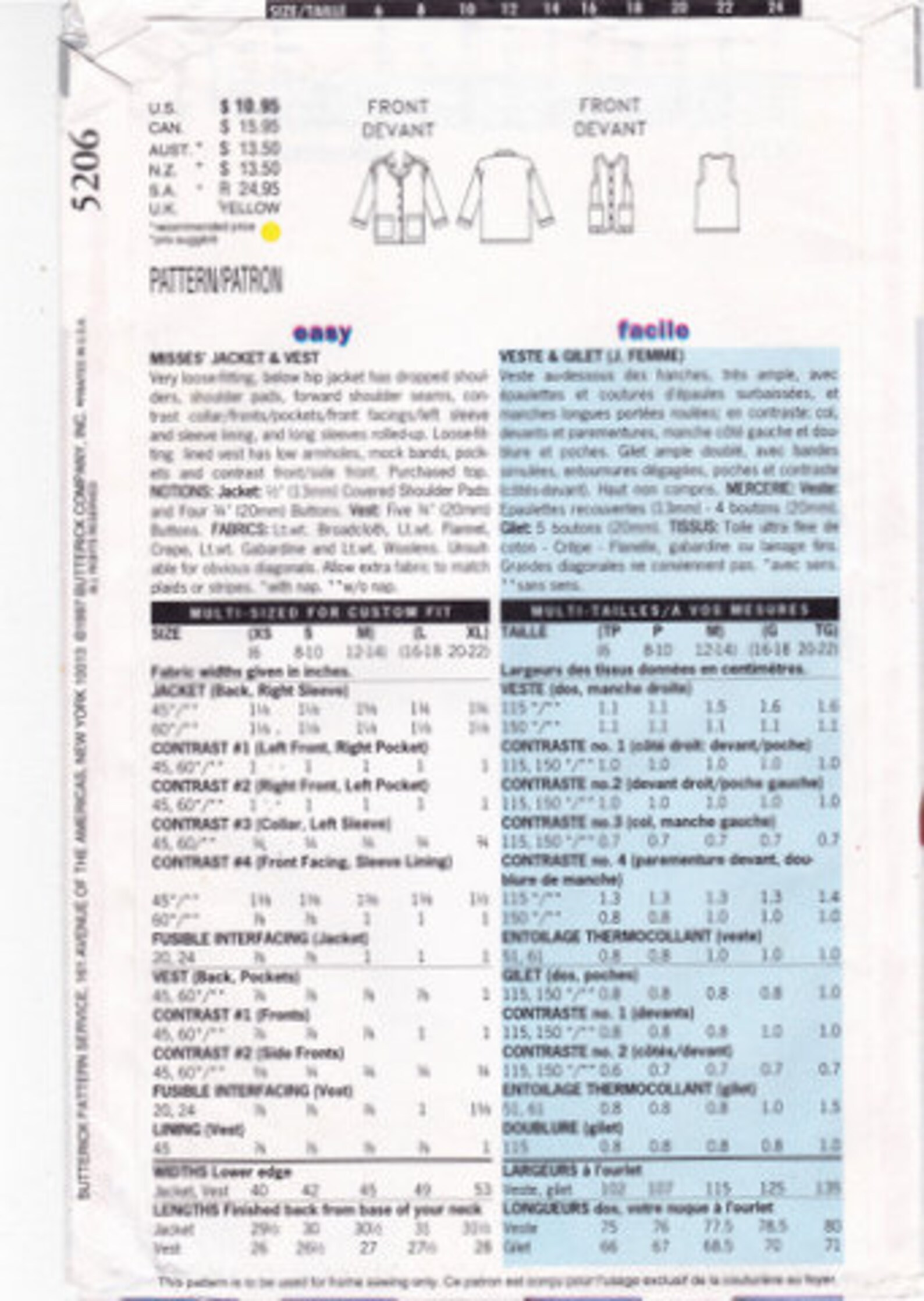 Butterick 5206 Sewing Pattern, Misses' Jacket & Vest ~ Loose Fitting ...
