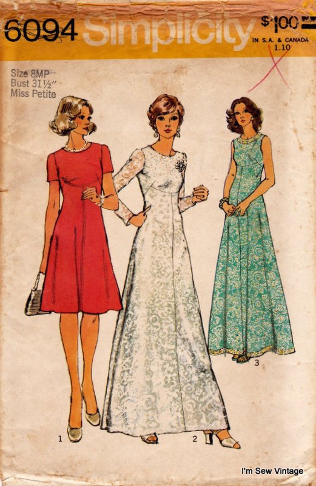 Simplicity 6094 Vintage Sewing Pattern, Misses' Petite Dress in Two ...