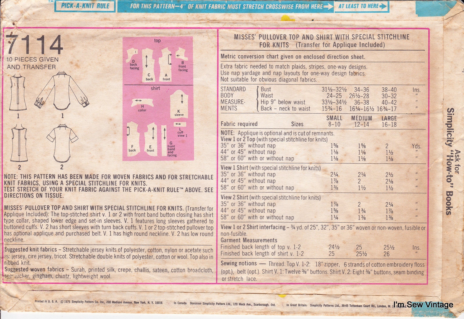 Simplicity 7114 Vintage Sewing Pattern, Misses' Pullover Top and Shirt ...