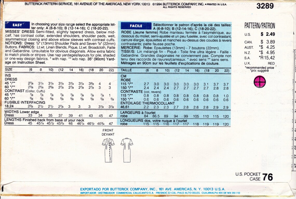 Butterick See & Sew 3289 Vintage Sewing Pattern, Misses' Dress Semi ...