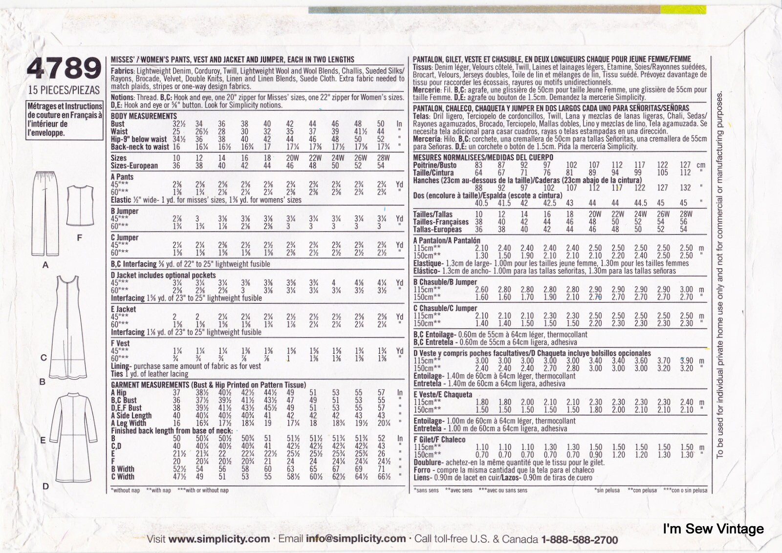 Simplicity 4789 Sewing Pattern, Misses' Separates Pants, Vest and ...
