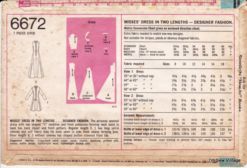 Simplicity 6672 Vintage Sewing Pattern, Misses' Dress in Two Lengths ...