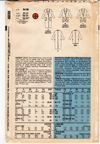 Butterick 4039 Vintage Sewing Pattern Misses' Coats - Etsy
