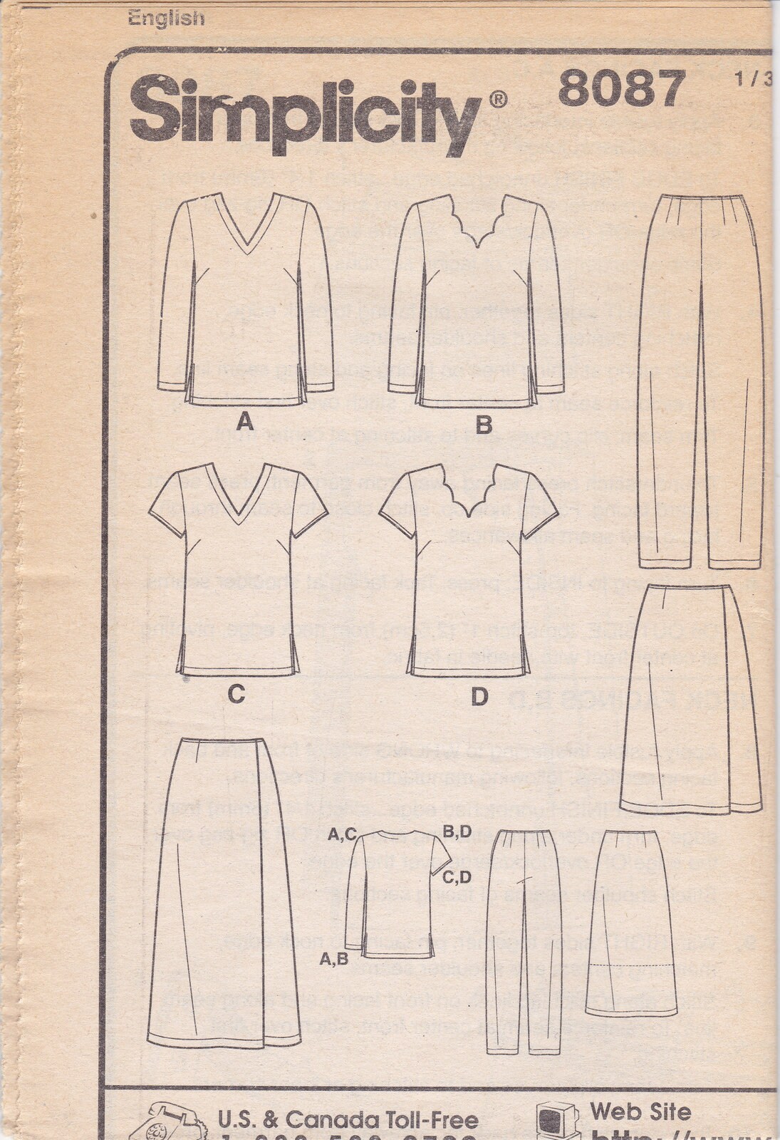 Simplicity 8087 Vintage Sewing Pattern, Misses' Top, Skirt & Pants '2 ...