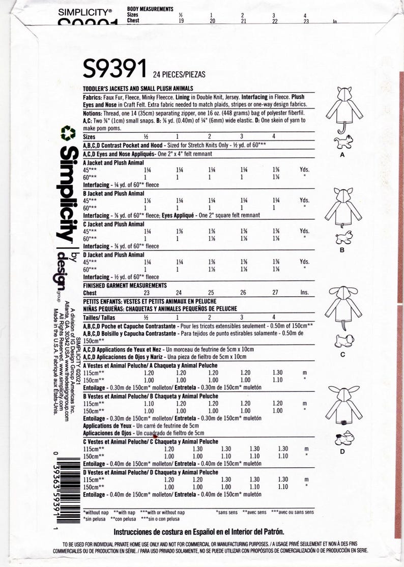 Simplicity S9391 Sewing Pattern, Toddler's Unisex Hooded Jackets ...