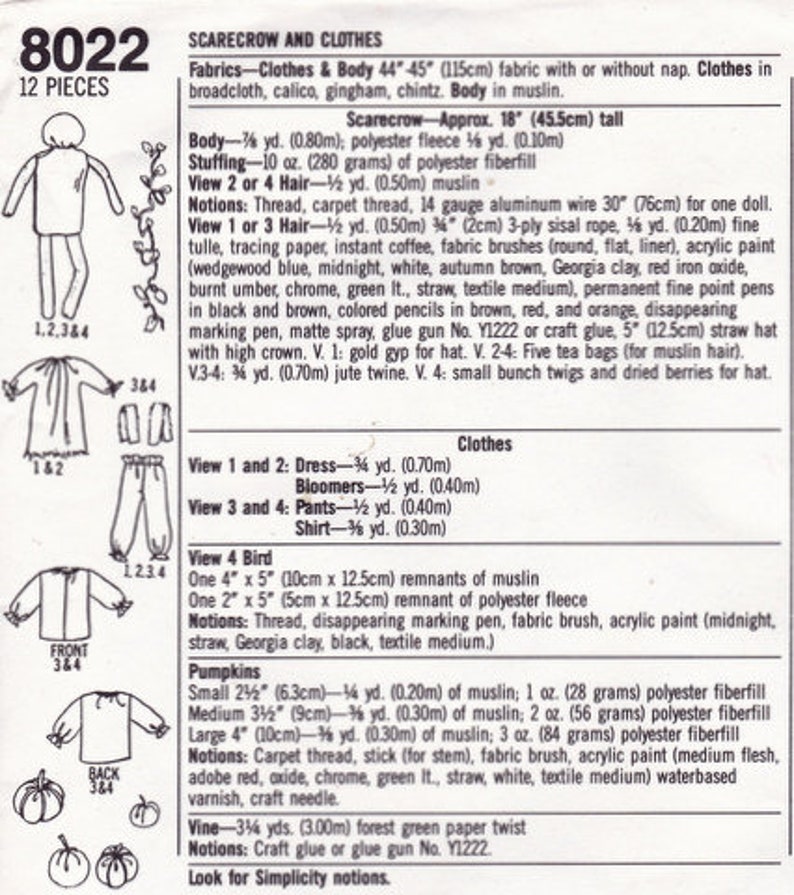 Simplicity 8022 Vintage Crafts Pattern, Scarecrow & Clothes, Farmhouse ...