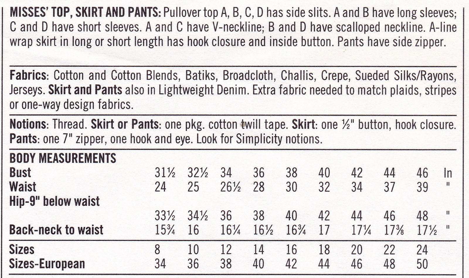 Simplicity 8087 Vintage Sewing Pattern, Misses' Top, Skirt & Pants '2 ...