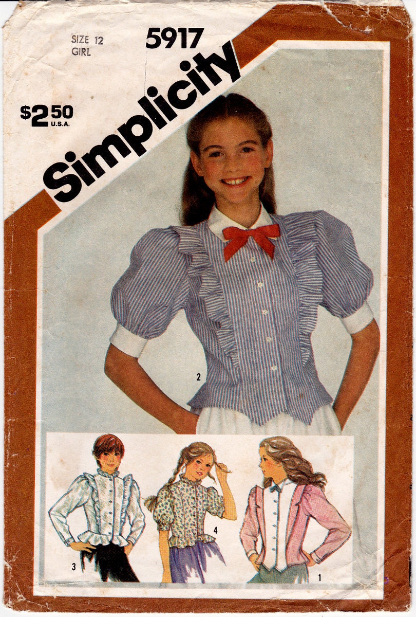 Simplicity 5917 Vintage Sewing Pattern, Girl's Fitted Blouses With ...