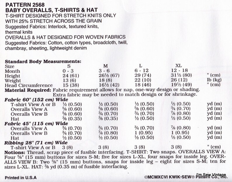 Kwik Sew 2568 Vintage Sewing Pattern, Baby Overalls, T-shirts & Hat ...