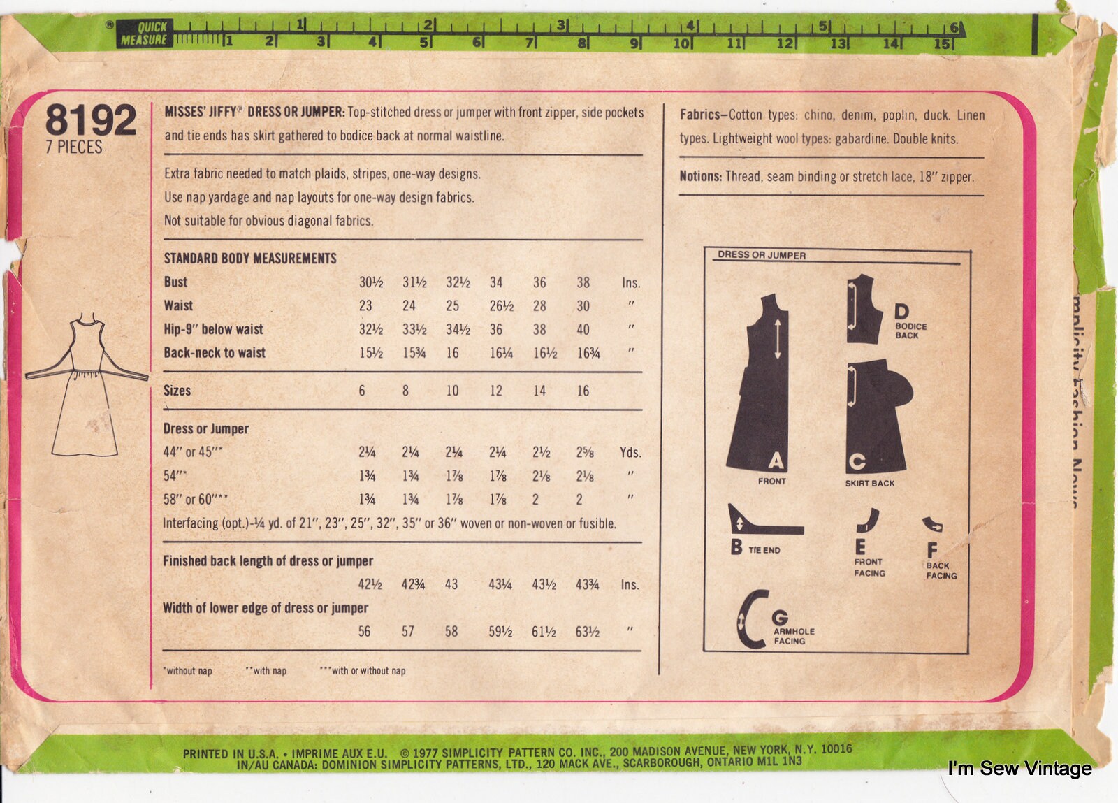 Simplicity 8192 Vintage Sewing Pattern, Misses' Dress or Jumper Sewing ...