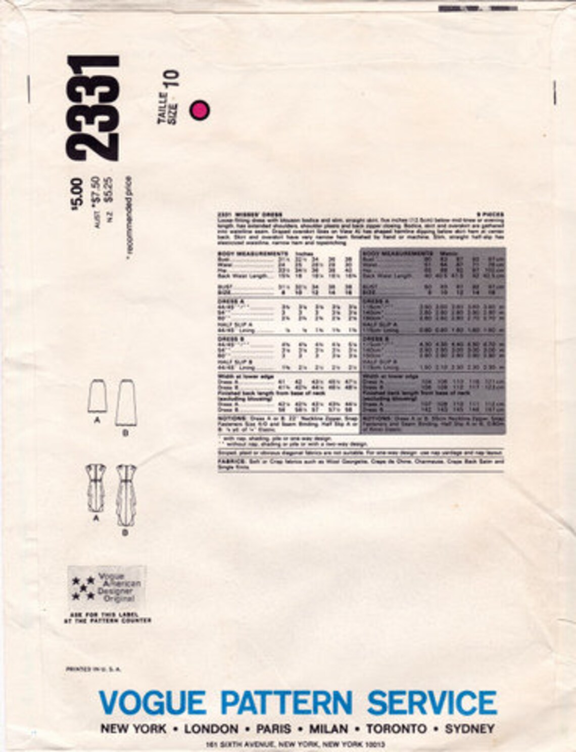 Vogue 2331 Vintage Sewing Pattern, Misses' Dress, Special Occasion ...