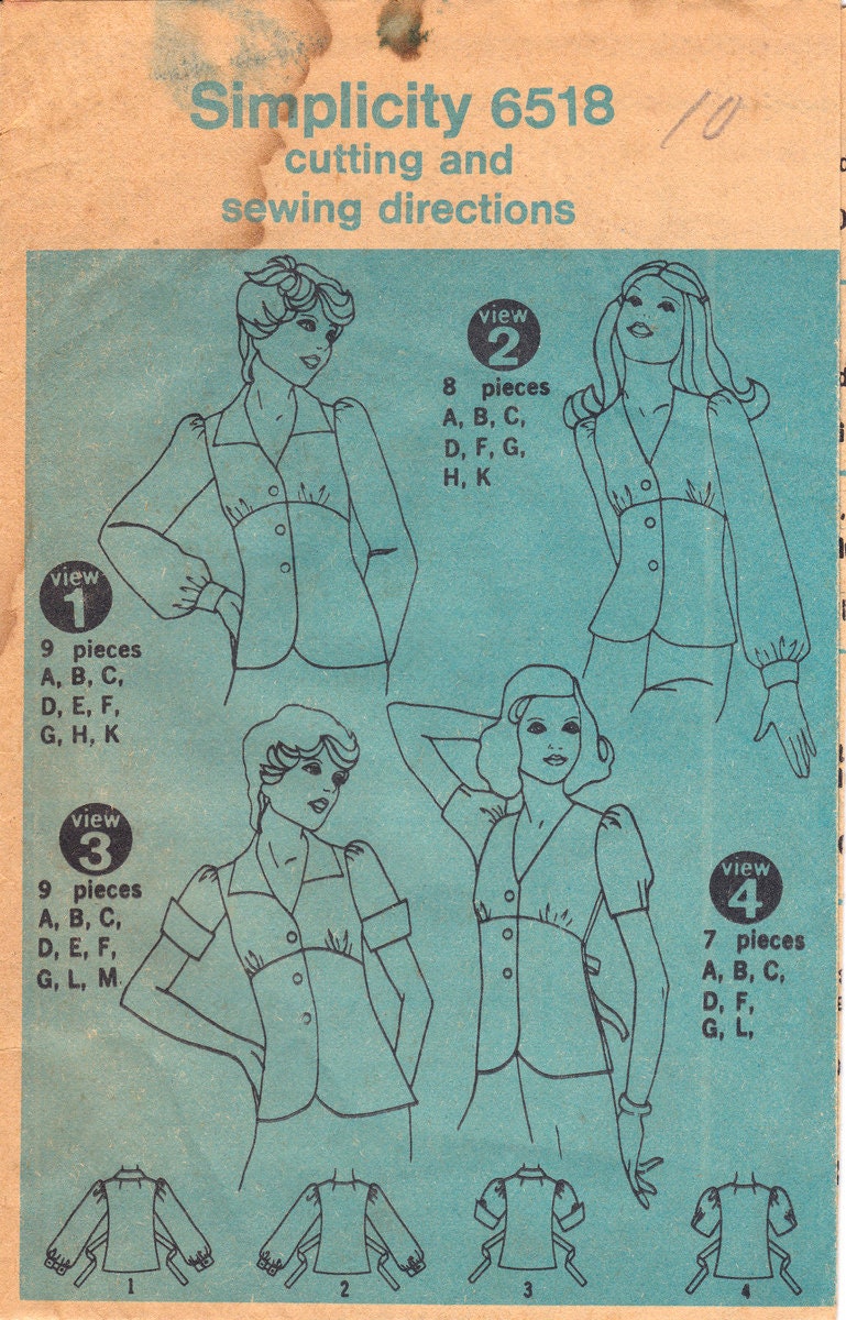 Simplicity 6518 Vintage Sewing Pattern, Misses' Blouse With Sleeve ...