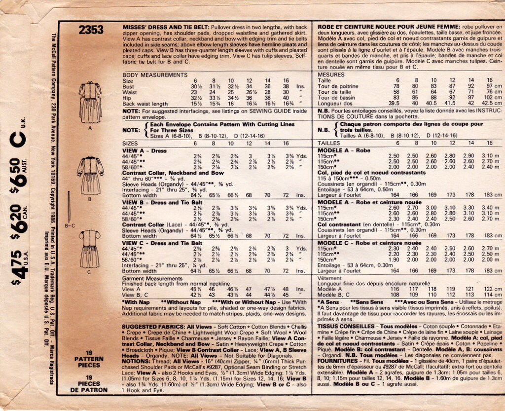 Mccall's 2353 Vintage Sewing Pattern, Misses' Dress & Tie Belt Pullover ...