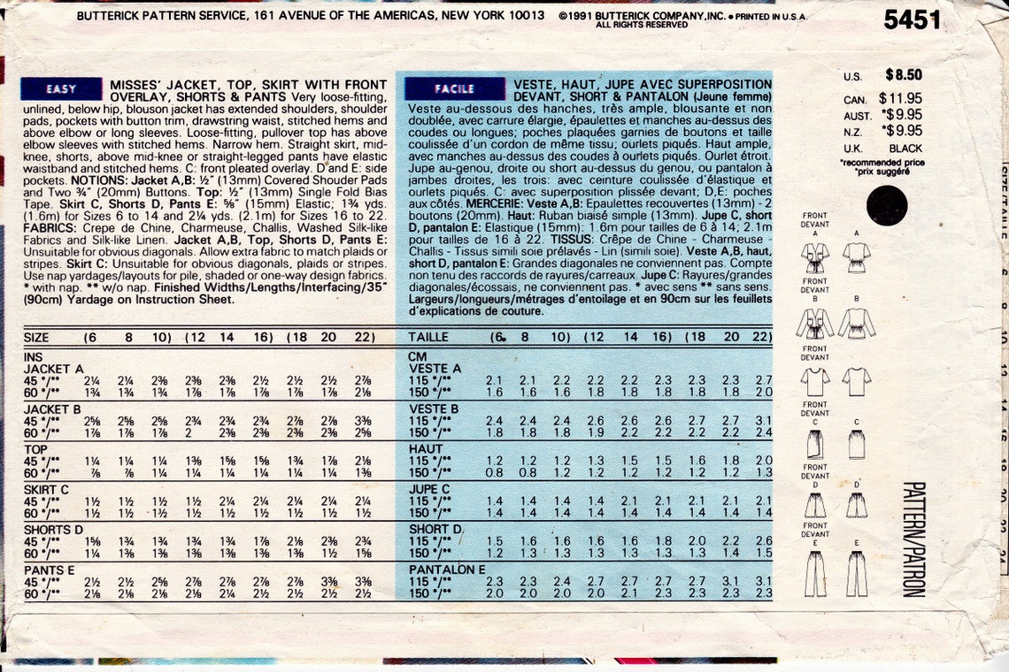 Butterick 5451 Vintage Sewing Pattern, Misses' Wardrobe Jacket, Top ...