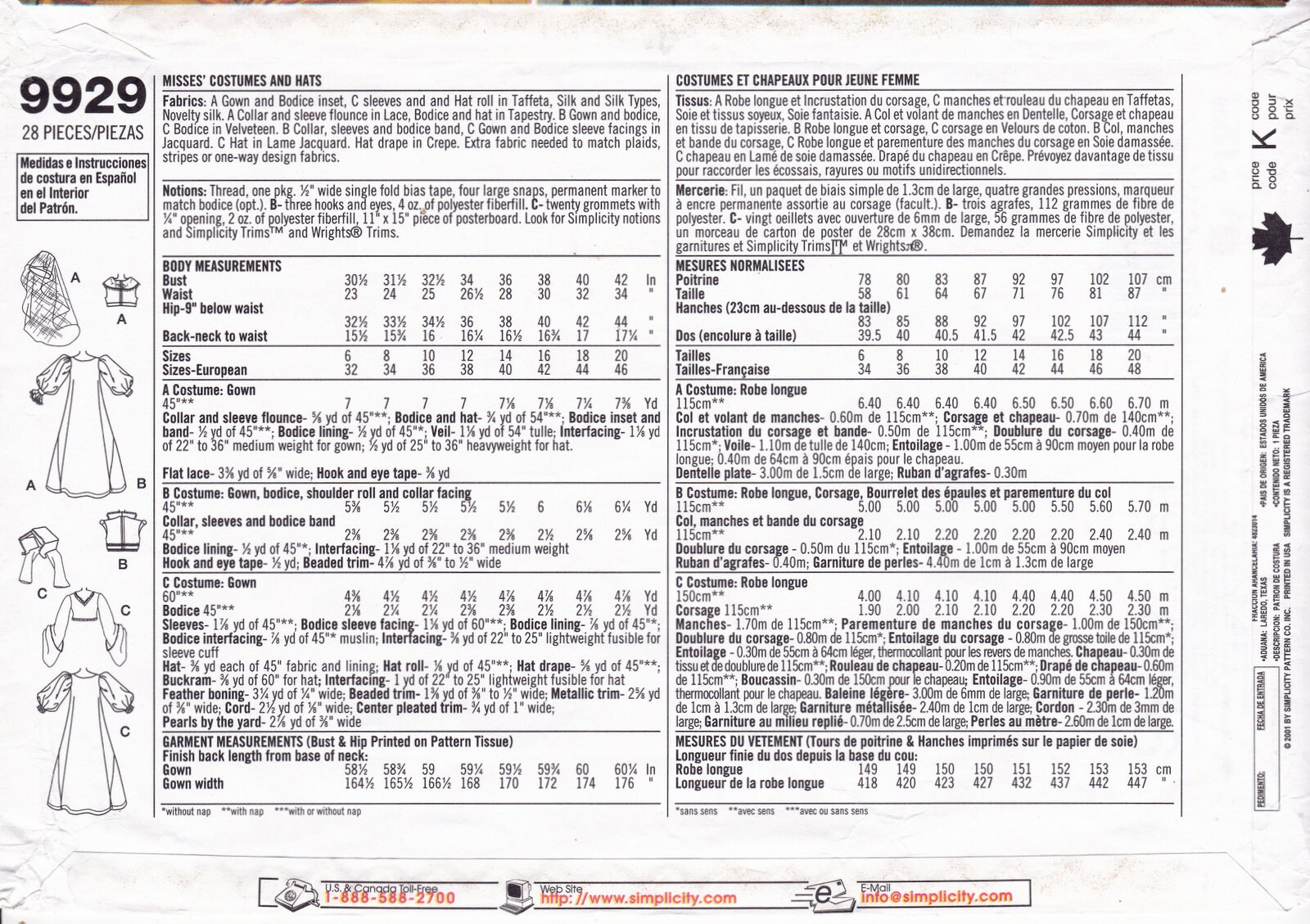 Simplicity 9929 Misses' Costume Sewing Pattern Renaissance Costume ...