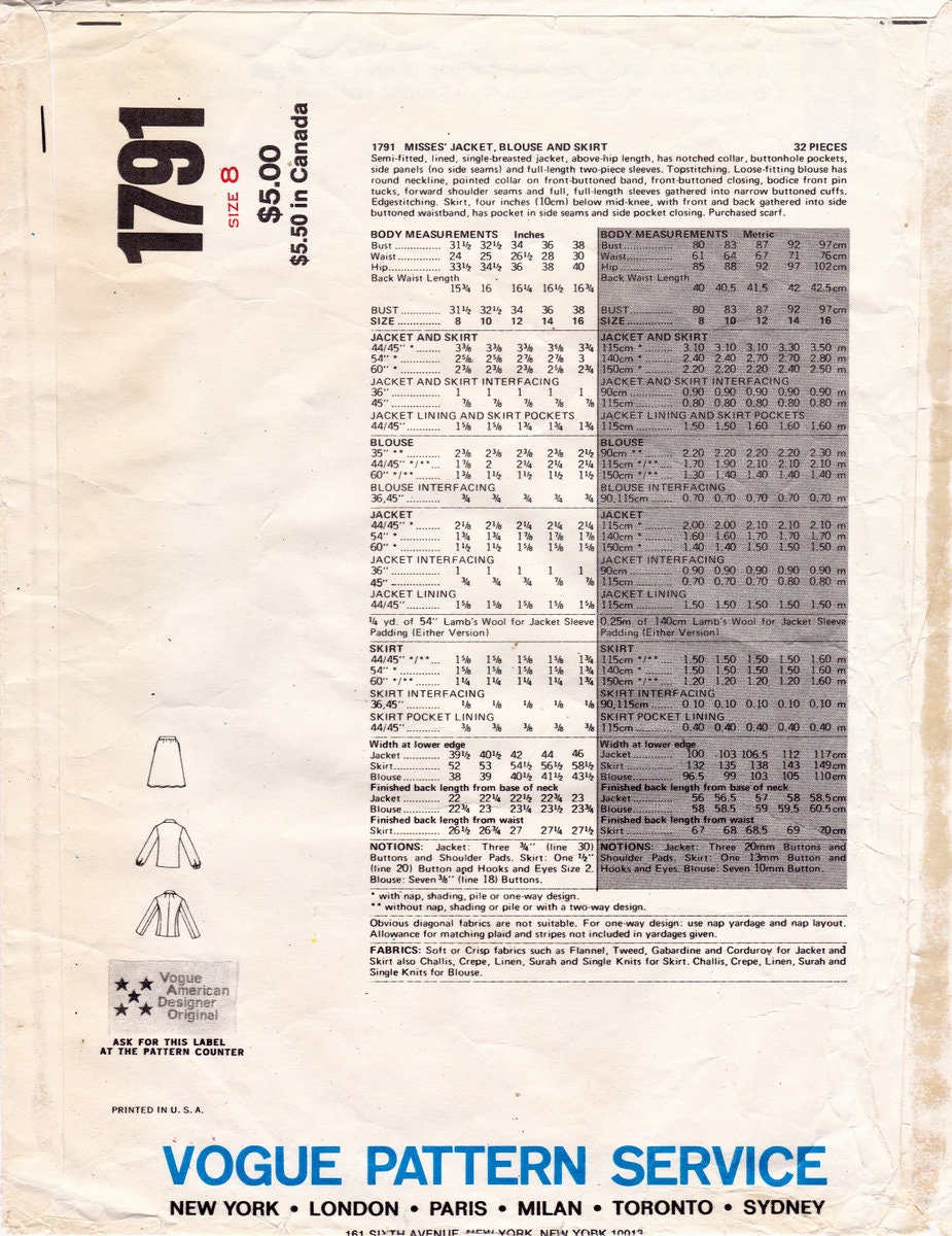 Vogue 1791 Vintage Sewing Pattern, Misses' Jacket, Blouse & Skirt ...