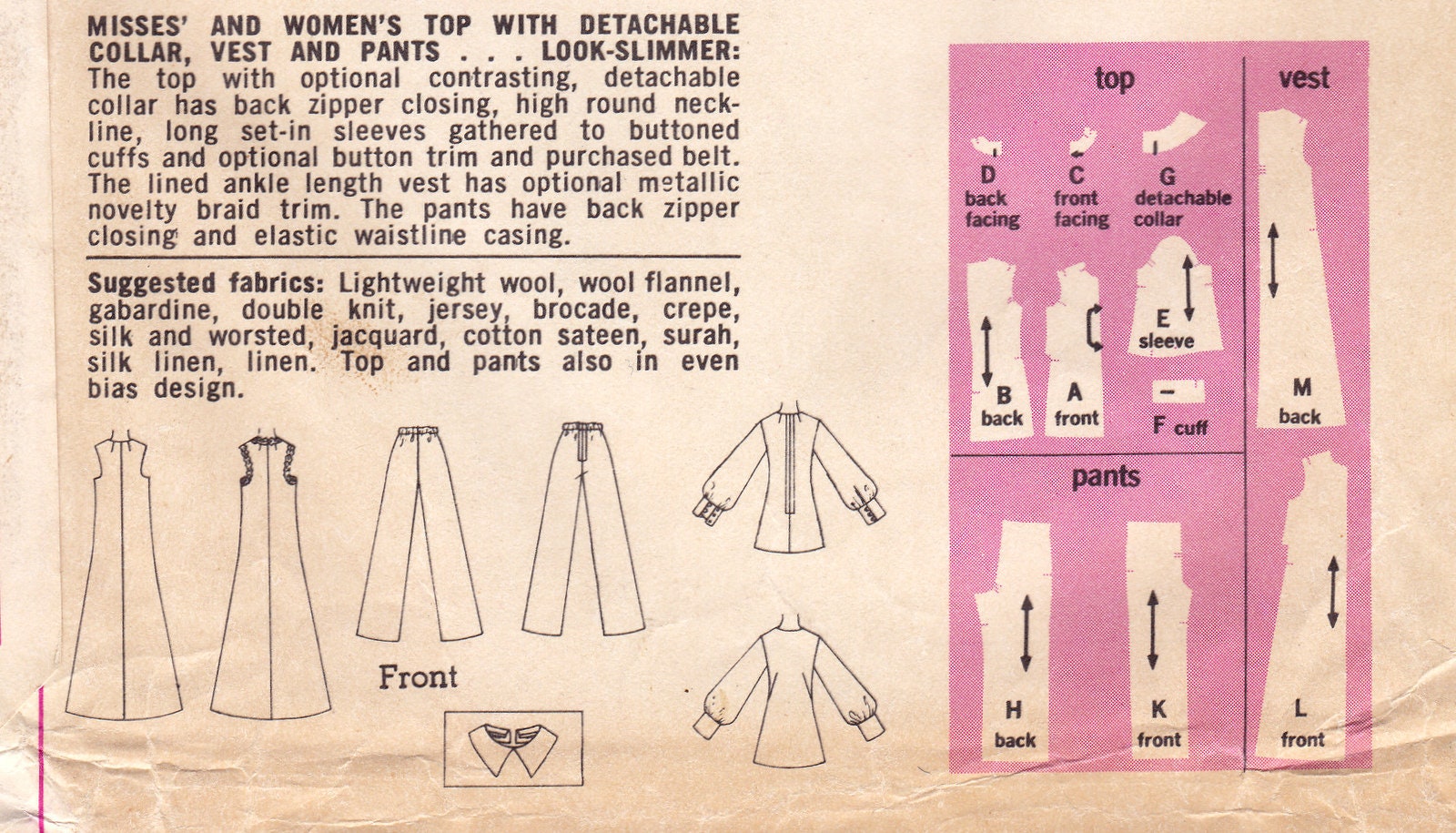 Simplicity 5356 Vintage Sewing Pattern, Women's Top, Vest & Pants ...
