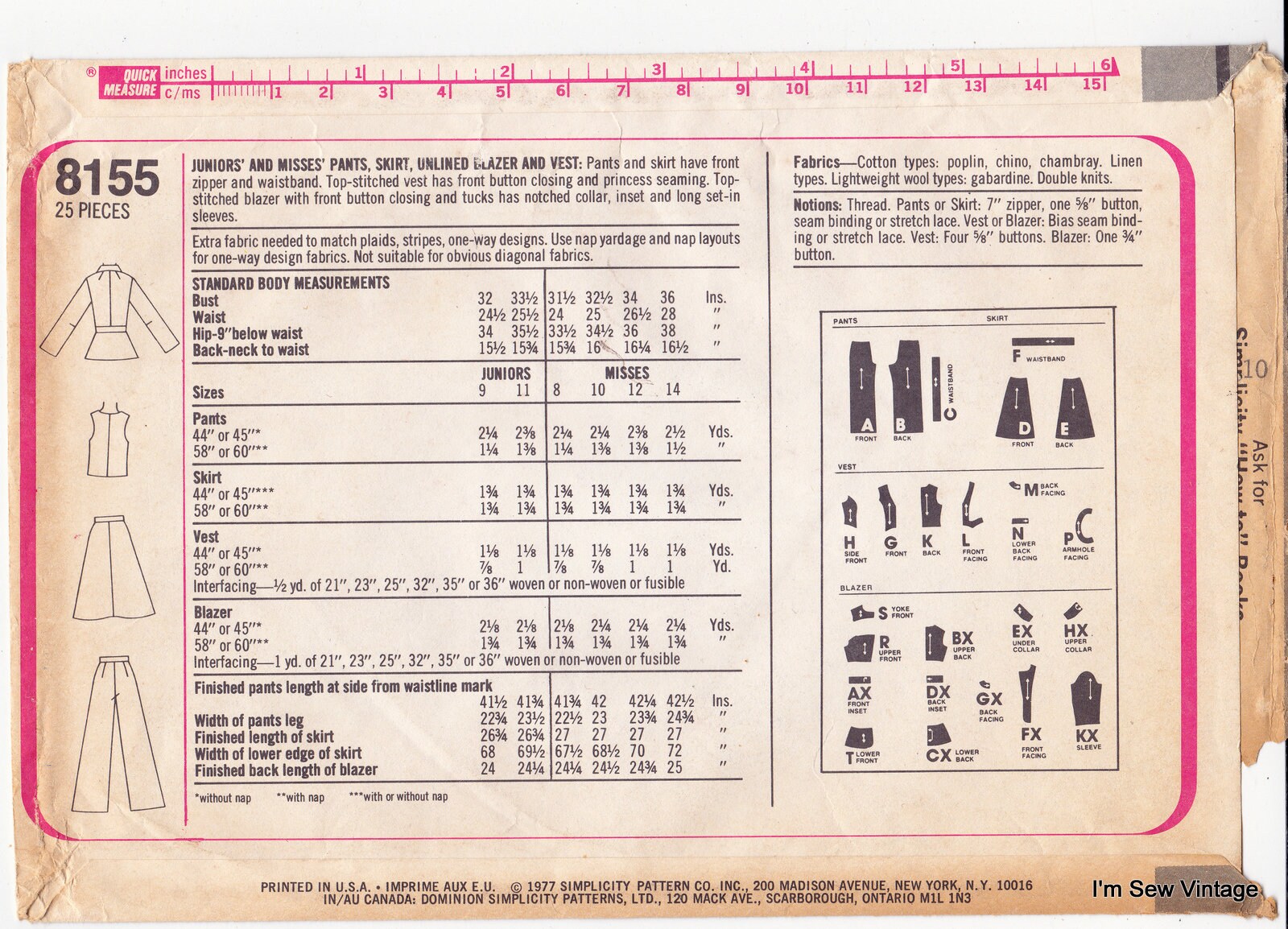 Simplicity 8155 Vintage Sewing Pattern Juniors' Pants | Etsy