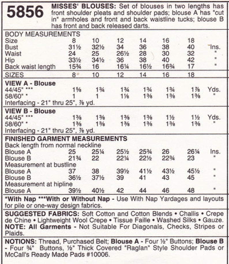 Mccall's 5856 Sew News Sewing Pattern, Misses' Blouses, Button Blouses ...