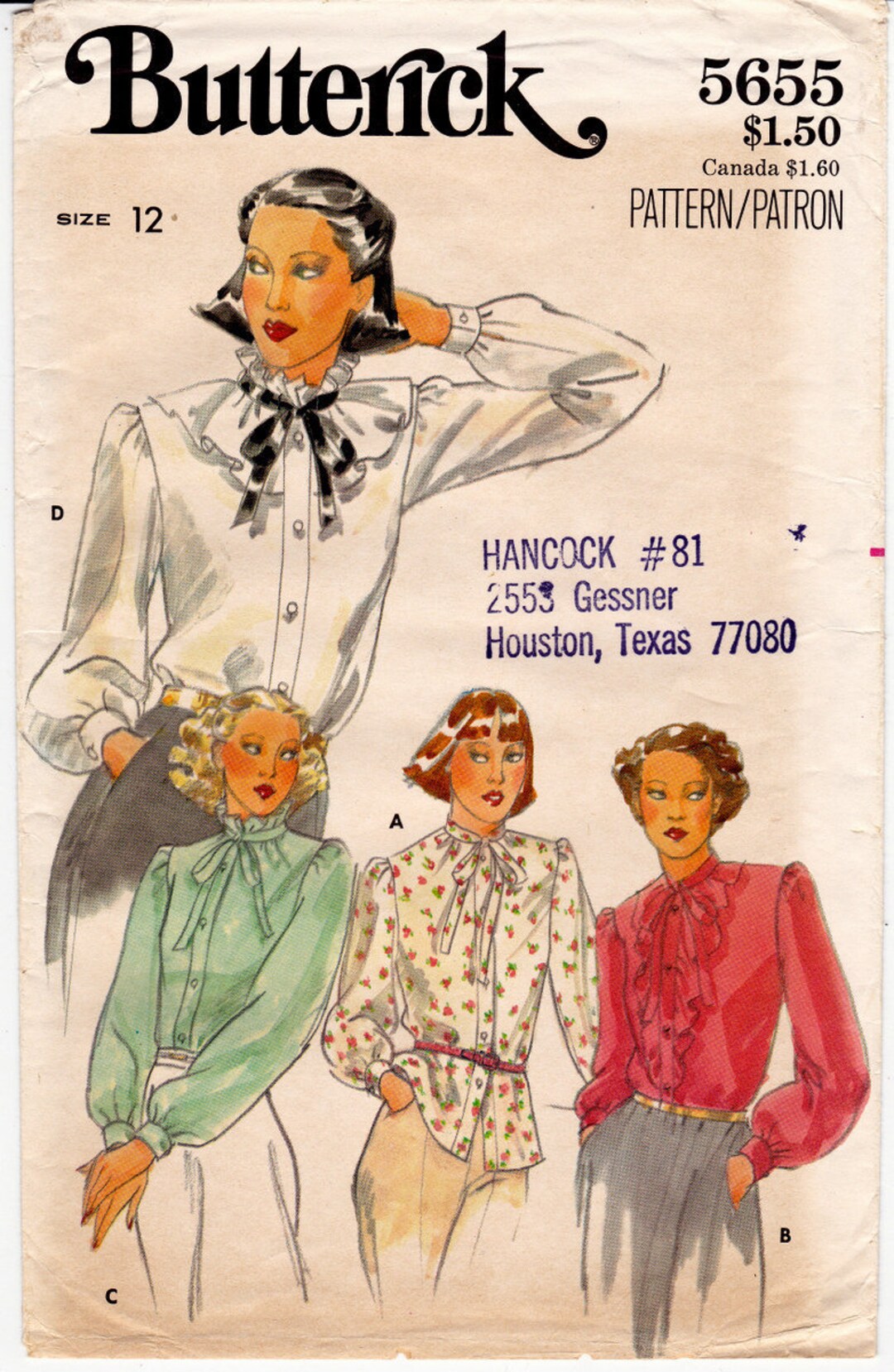 Butterick 5655 Vintage Sewing Pattern, Misses' Blouse ~ Front Button ...