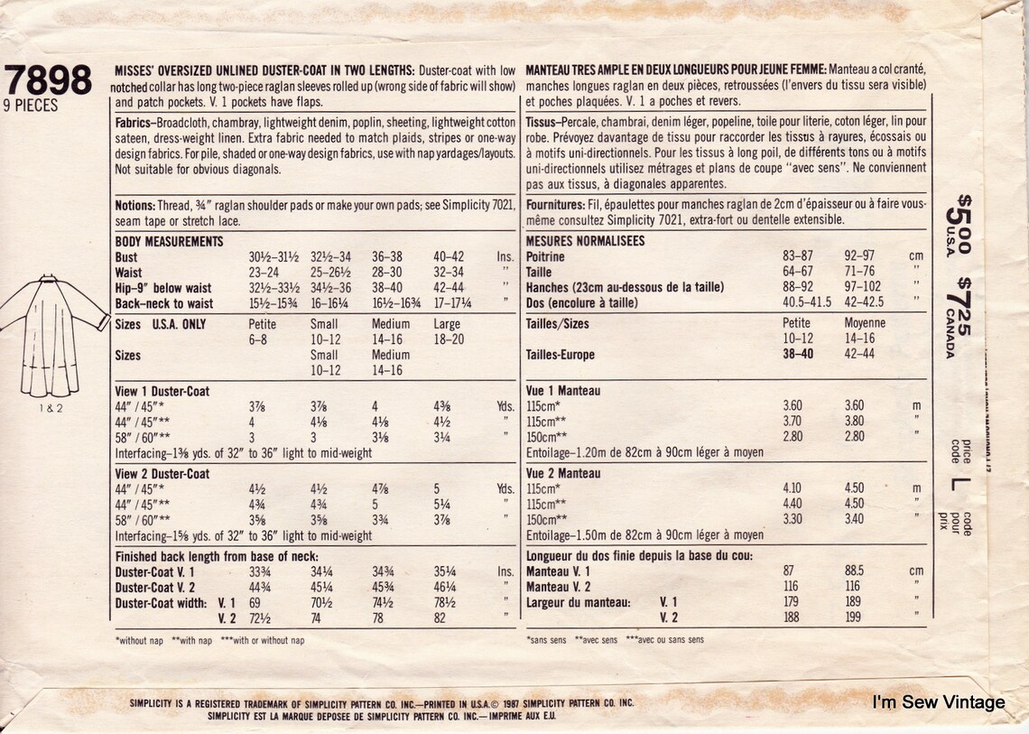Simplicity 7898 Vintage Sewing Pattern, Misses' Duster, Misses ...