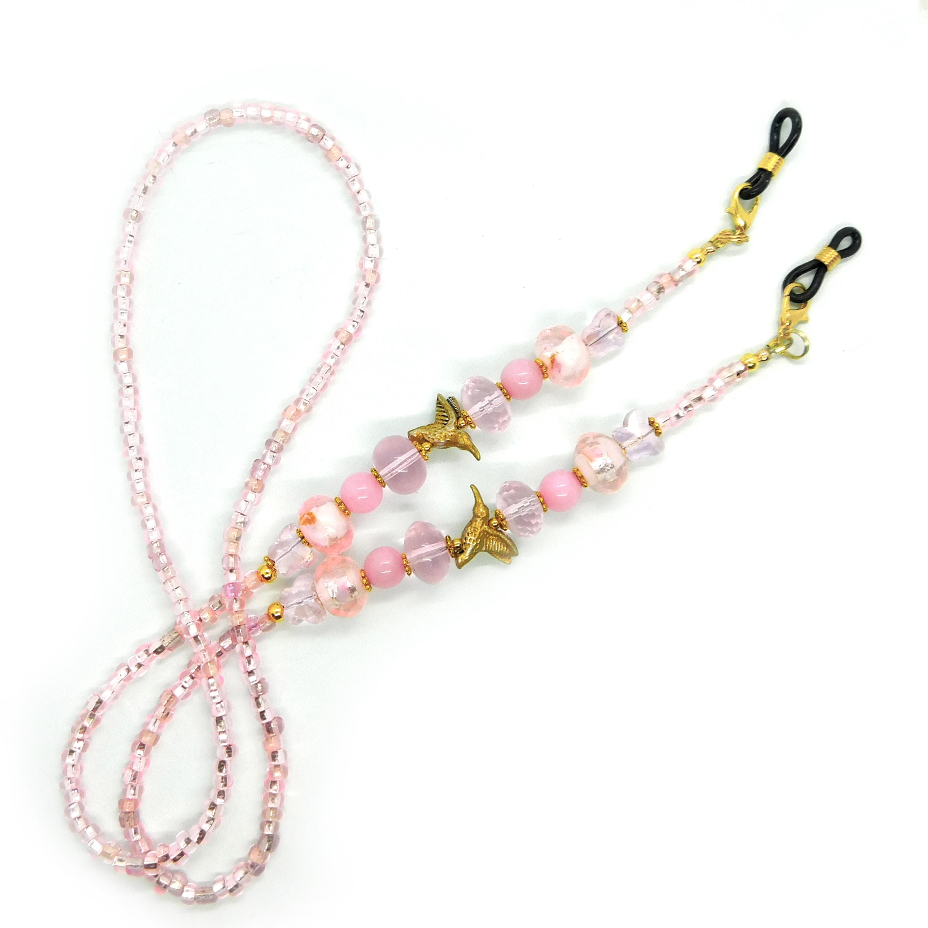 Hummingbird Glasses Chain, Pink Crystal and Art Glass Faceted Beads ...