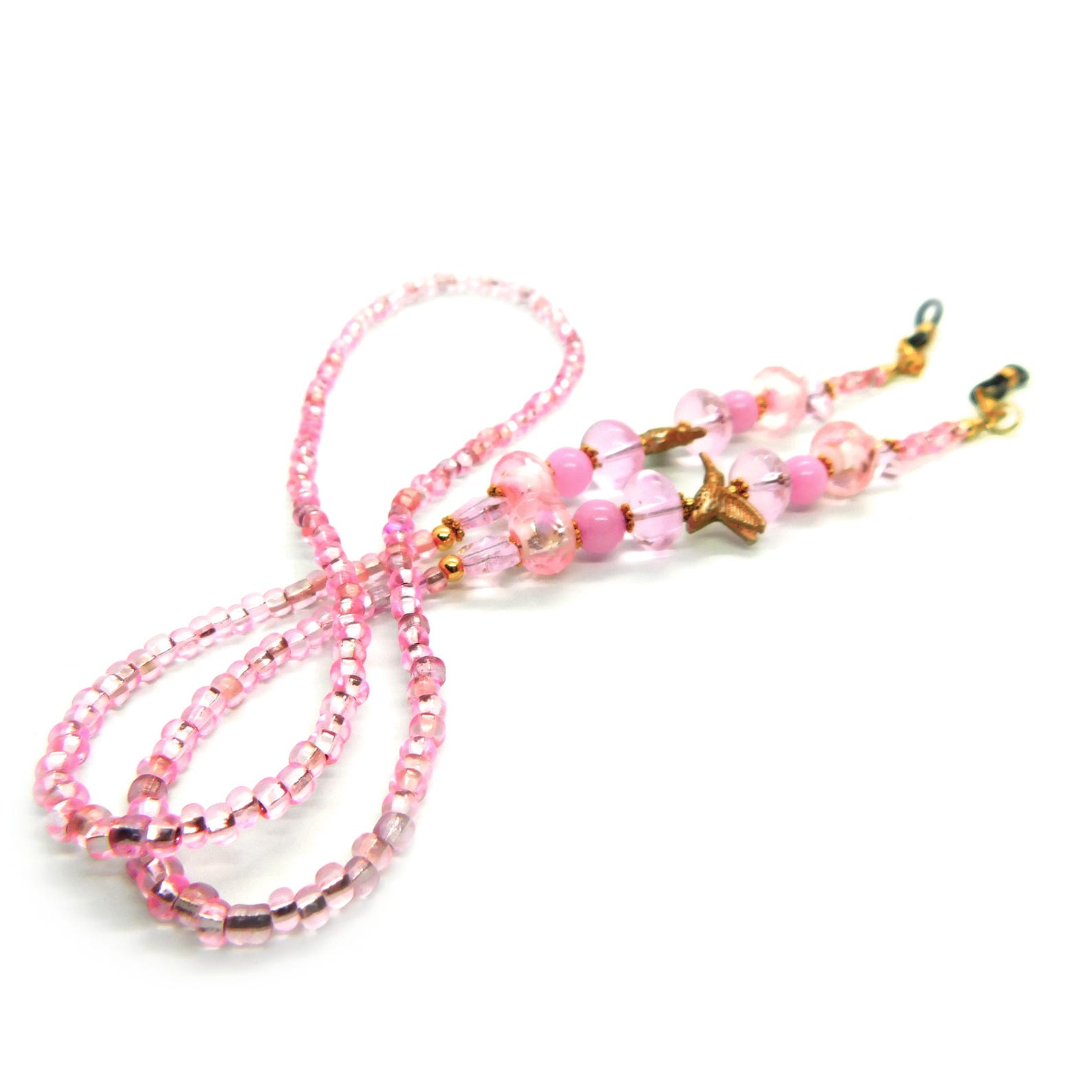 Hummingbird Glasses Chain, Pink Crystal and Art Glass Faceted Beads ...