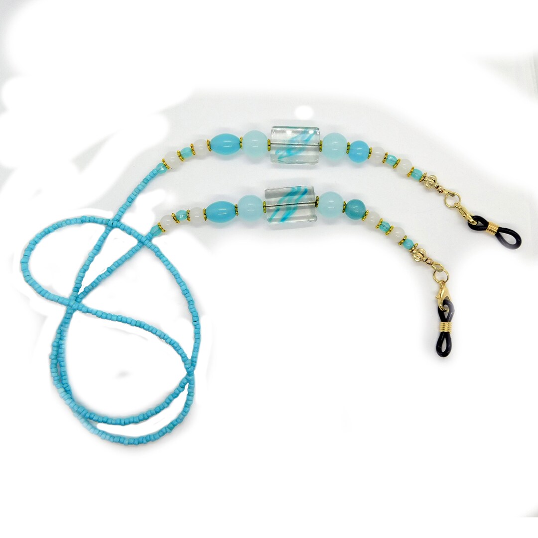 Glasses Chain, Ocean Colors Round and Faceted Glass Beads, Aqua Barrel ...