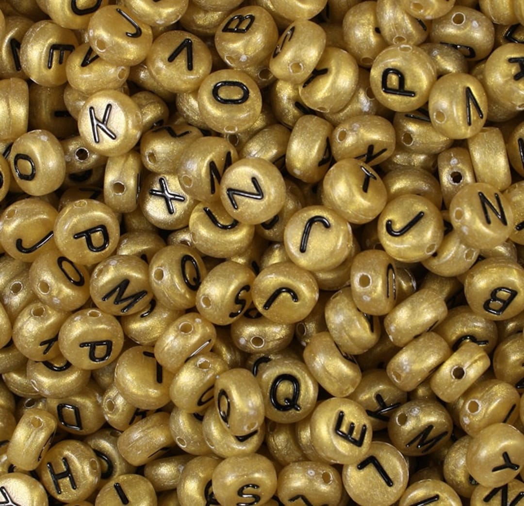 Bronze Pearl Alphabet Beads, Gold Pearl With Black Letters, Round Beads ...