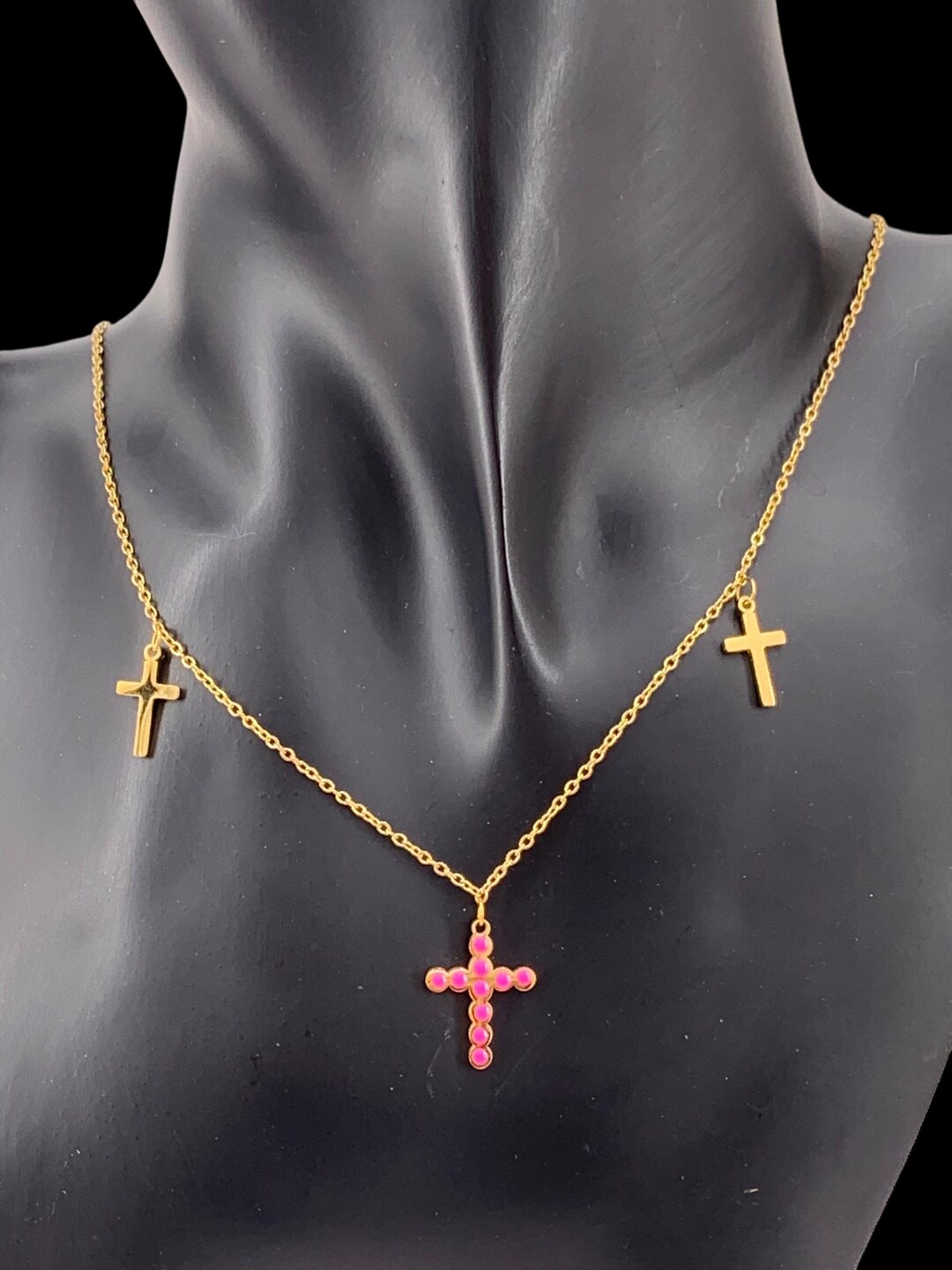 Three Crosses Pendant Necklace, Gold Chain Cross Necklace, Delicate ...