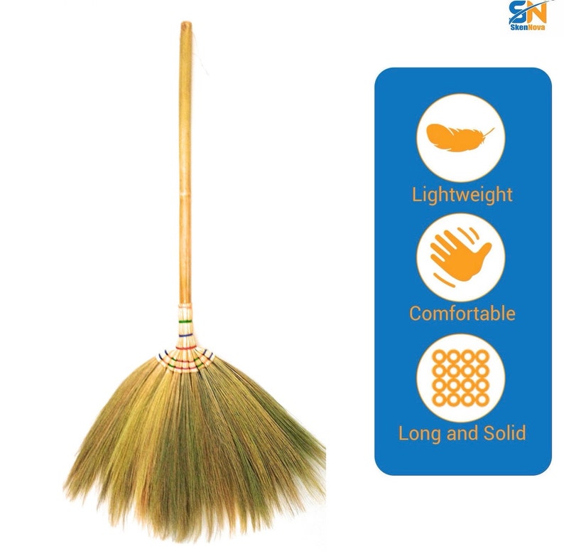 Thai Traditional Natural Straw Broom Bamboo Stick Handle Sweeping Grass ...