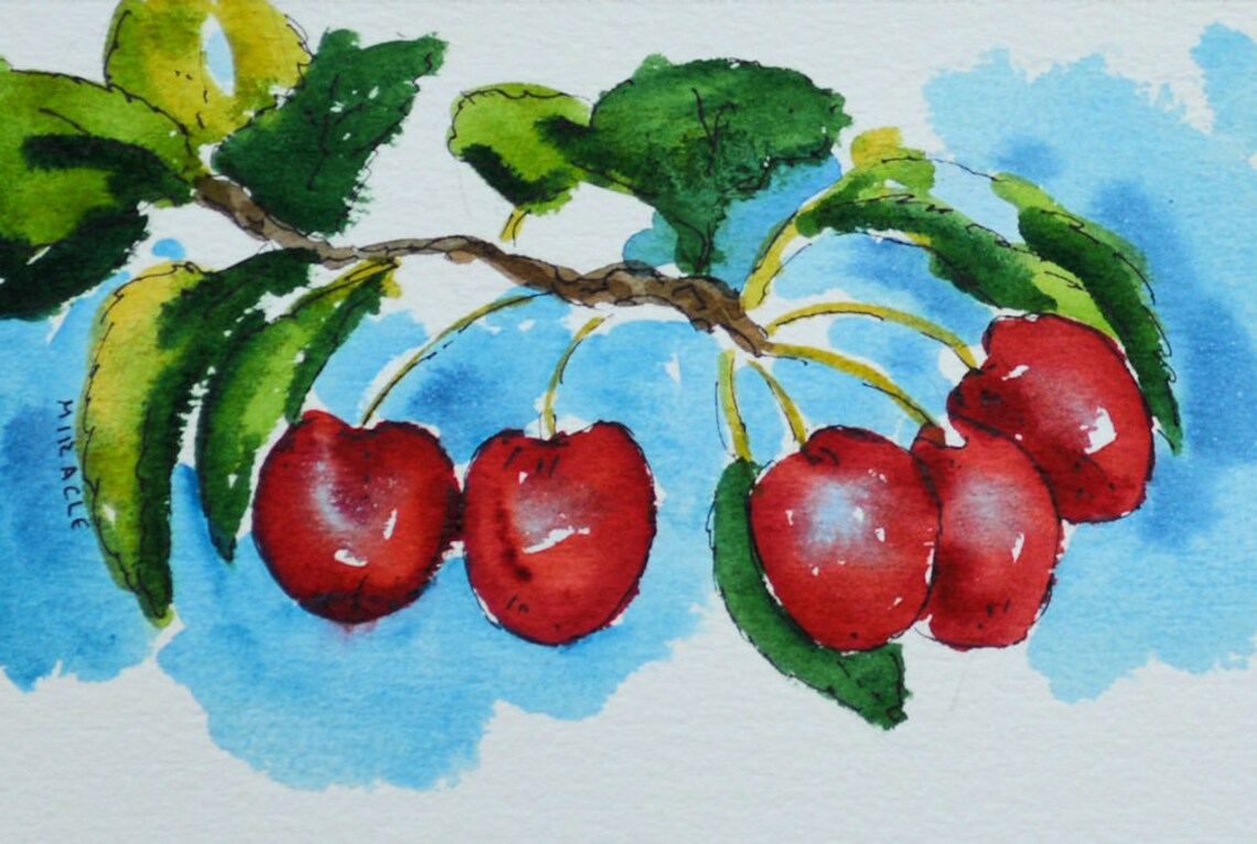 Cherries, Watercolor, Pen and Ink, Original, 8 X 10, Kitchen Art ...