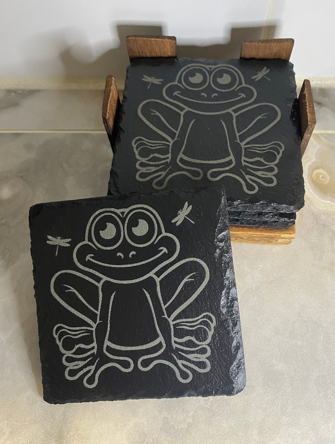 Cute Frog Set Black Slate Coasters - Etsy