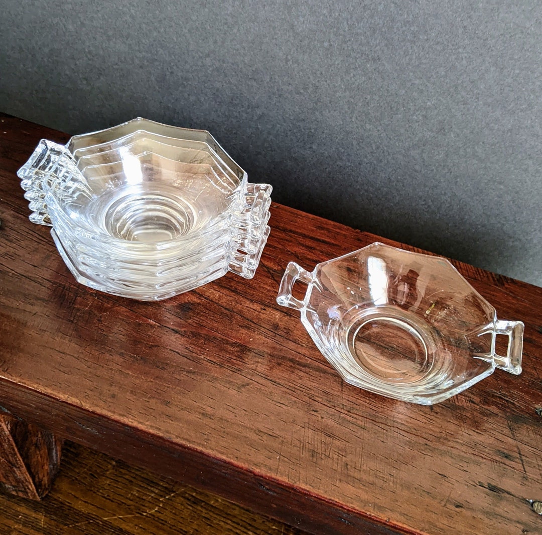 Small Octagonal Glass Dipping Dish Set Handles Clear Depression Glass ...