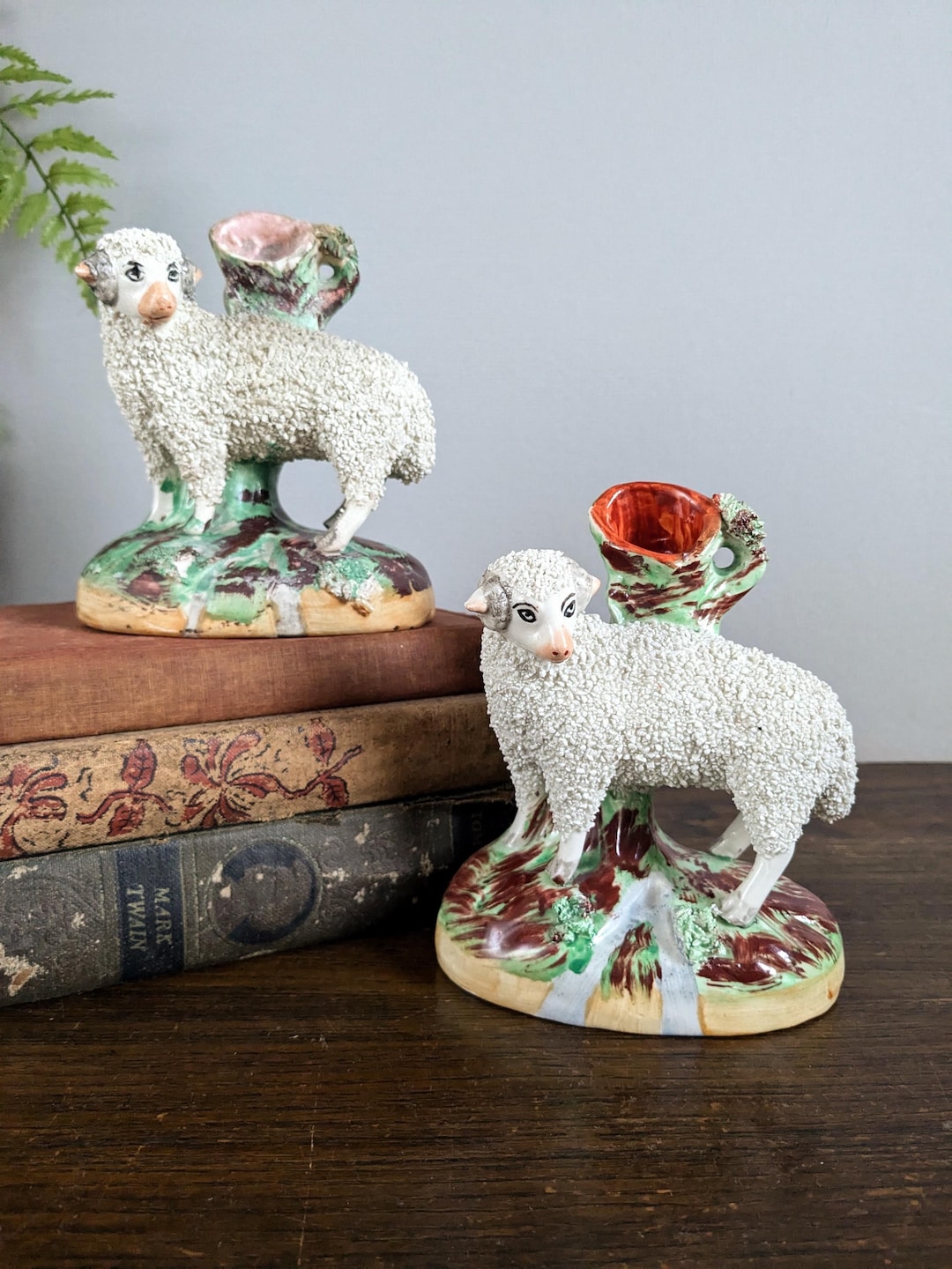 Staffordshire Ware Confetti Sheep Spill Vase Pair Flatback Figural 19th ...