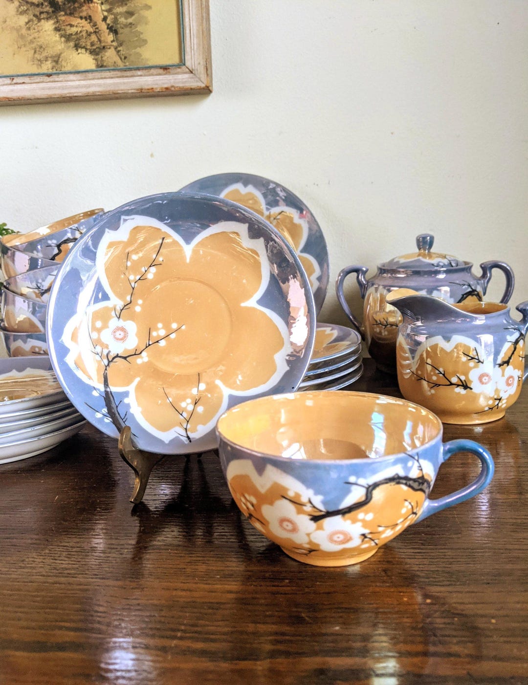 Japan Lustreware Tea Set Moriyama Mori-machi Lavender Peach Color ...