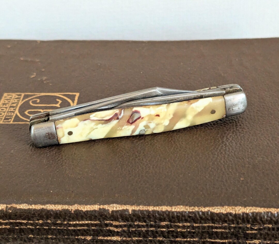 40s Camco USA Pocket Knife 3 Blades Brown Marble Celluloid Whittler ...