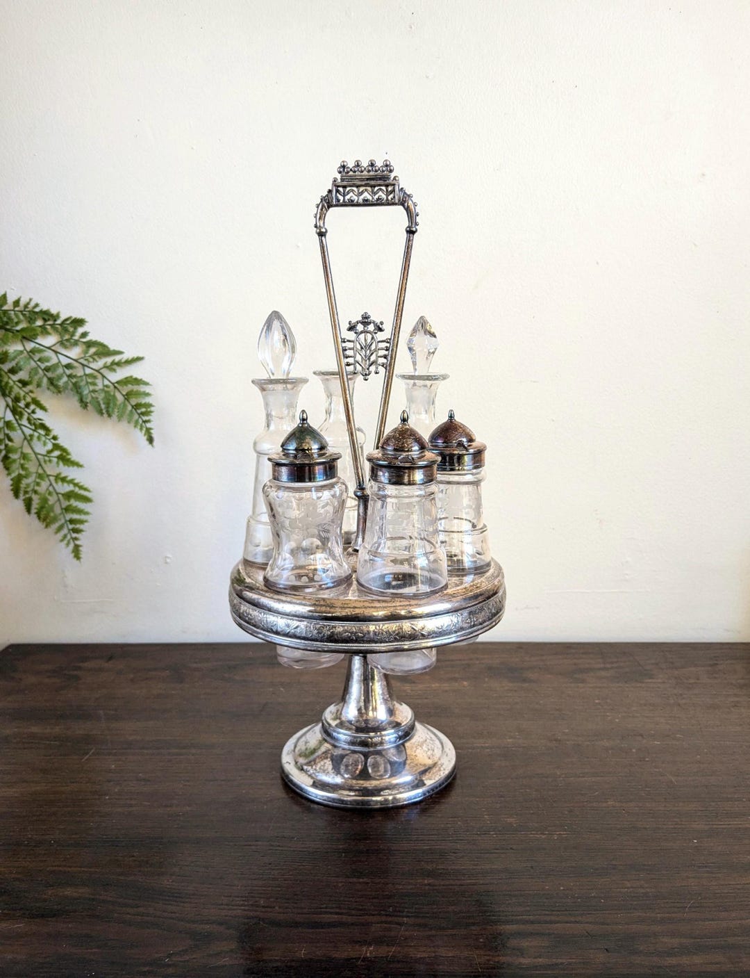 Antique Cruet Set Silver Plated Stand Etched Crystal Glass Six Bottles ...