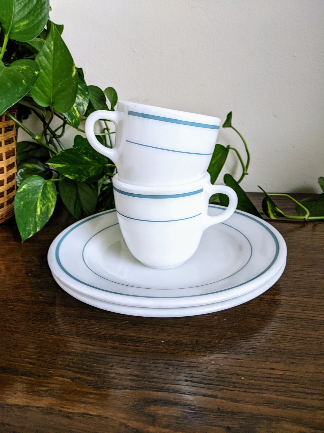 50s Pyrex Blue Band PYR7 Breakfast Set Cup Saucer Plate Corning White ...