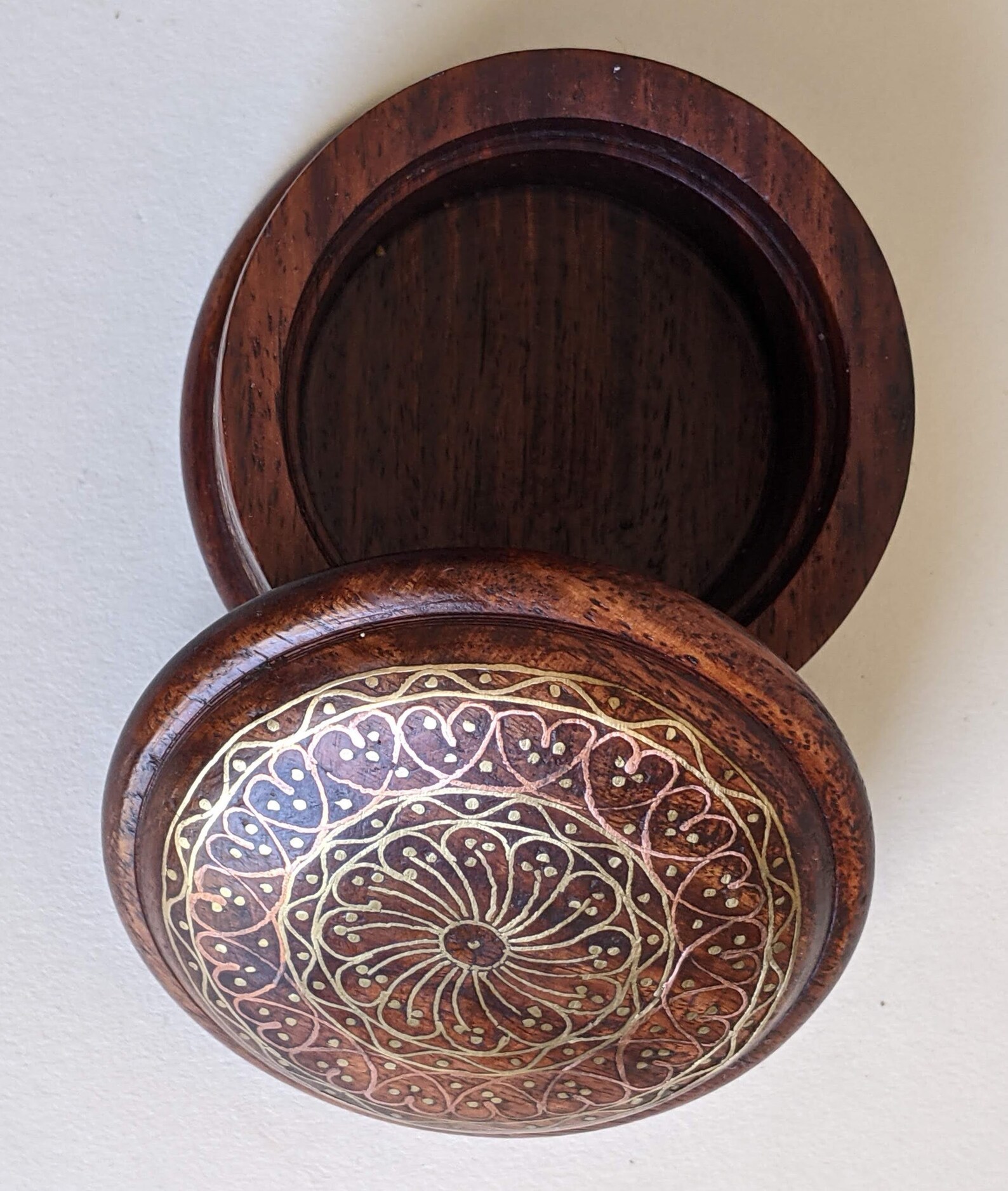 Small Round Wood Box Copper Brass Inlay Flower Heart Mandala | Etsy