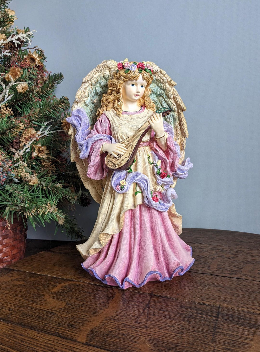 Angel of Nature Playing Music With Mandolin Colorful Flower Garland ...