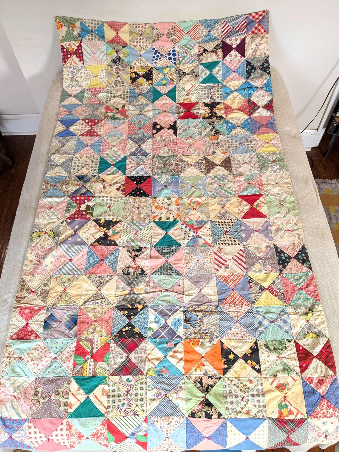 1930s Quilt Hand Stitched Quarter Square Triangle Block Old Fabrics ...