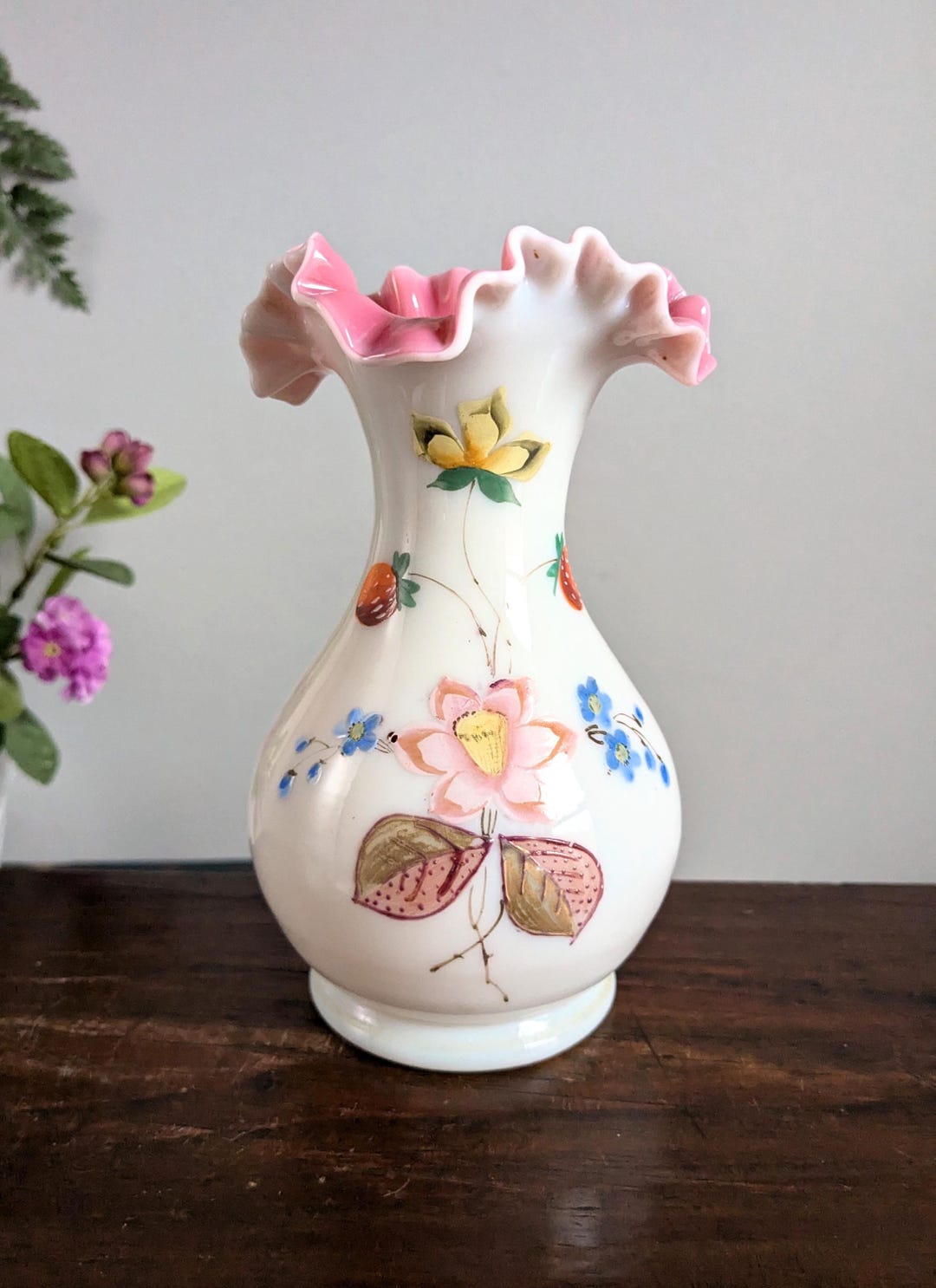 Victorian Hand Painted Enameled Glass Vase White Pink Cased Glass ...